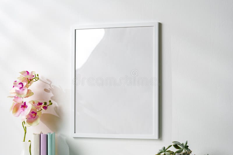 White Wooden Frame on White Wall Above the Table Copy Space Stock Image ...