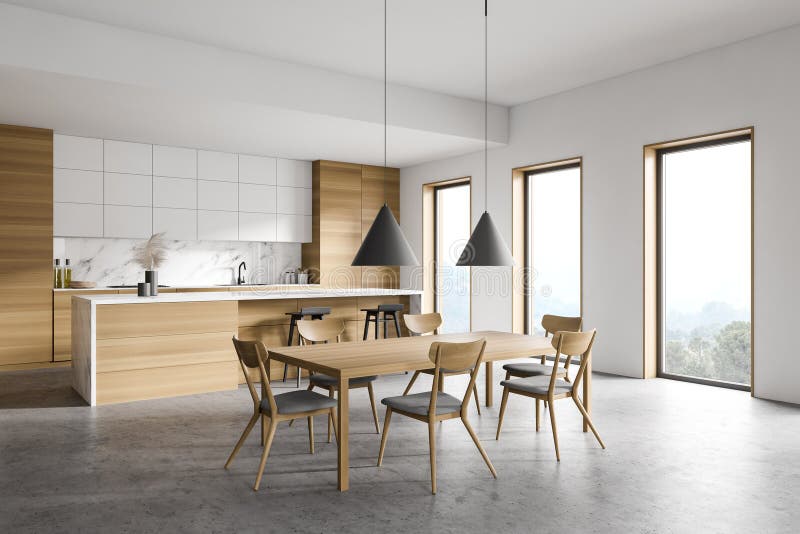 White and Wooden Kitchen Corner with Bar and Table Stock Illustration ...