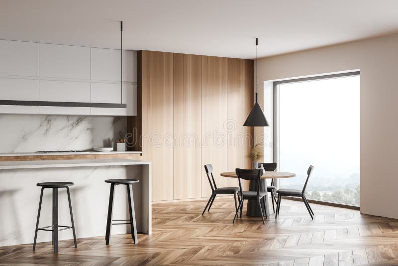 White and Wooden Kitchen Corner with Bar and Table Stock Illustration ...