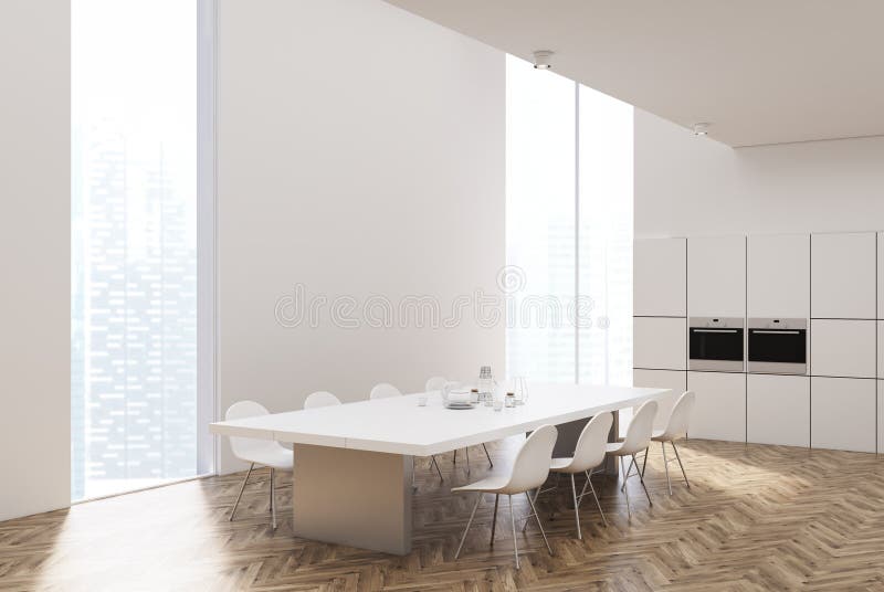 White and Wooden Kitchen with a Table, Ovens, Side Stock Illustration ...