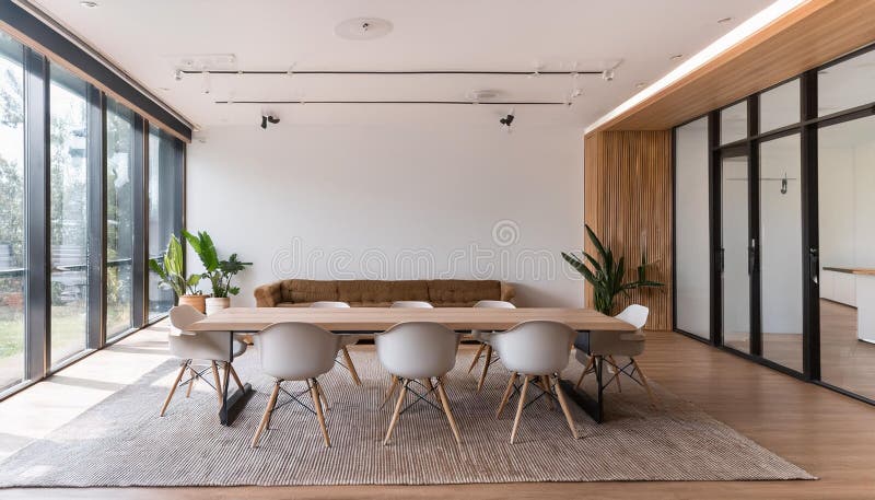 White and Wooden Meeting Room Interior with Long Table and Sofa, Empty ...