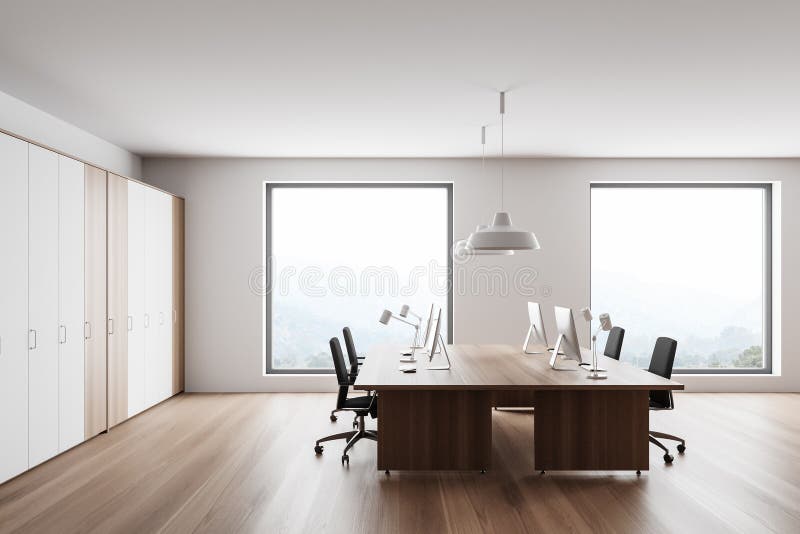 White and Wooden Open Space Office Interior, Side View Stock ...