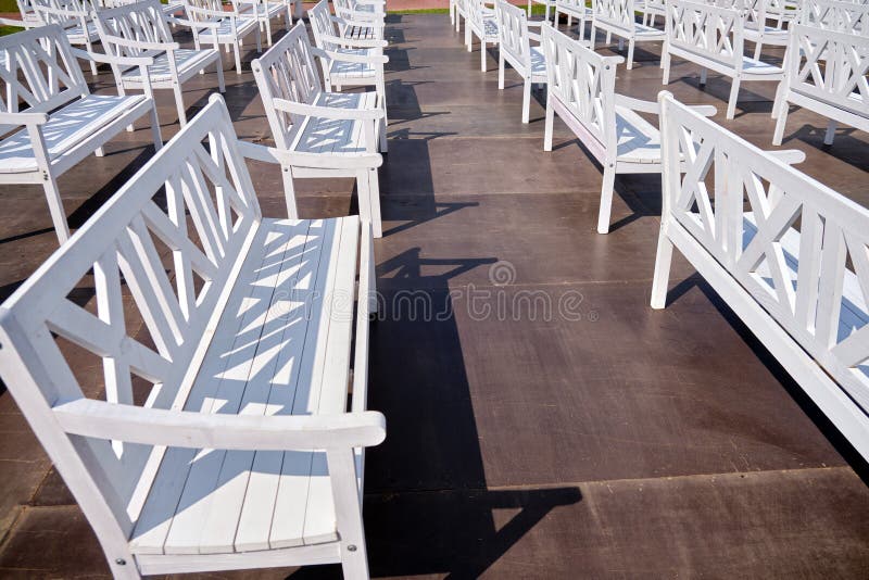White Wooden Outdoor Benches for Spectators Stock Photo - Image of ...