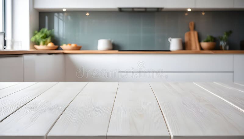 White Wooden Table Top on Blurred Minimalist Kitchen Bench Background ...
