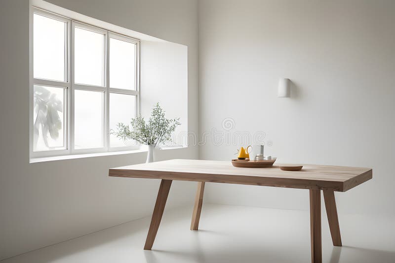 A White Wooden Table with White Walls S Large Window Stock Illustration ...