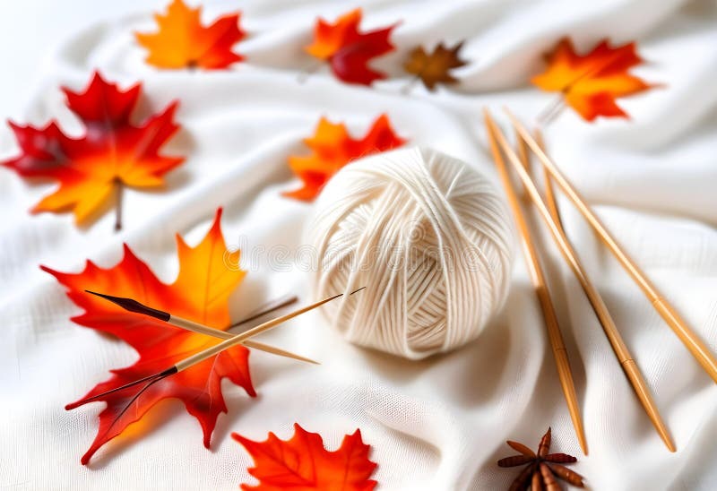 White Wool Thread Ball with Wooden Bamboo Knitting Needles Stock ...