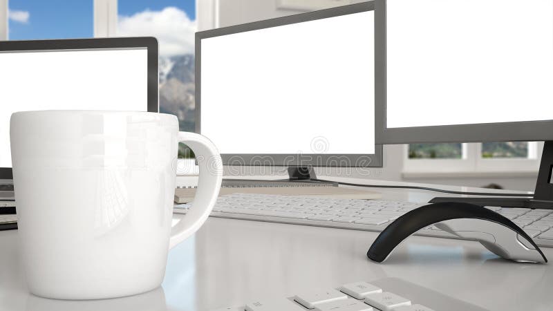 White Workplace with Computers on a Desk Stock Image - Image of room ...