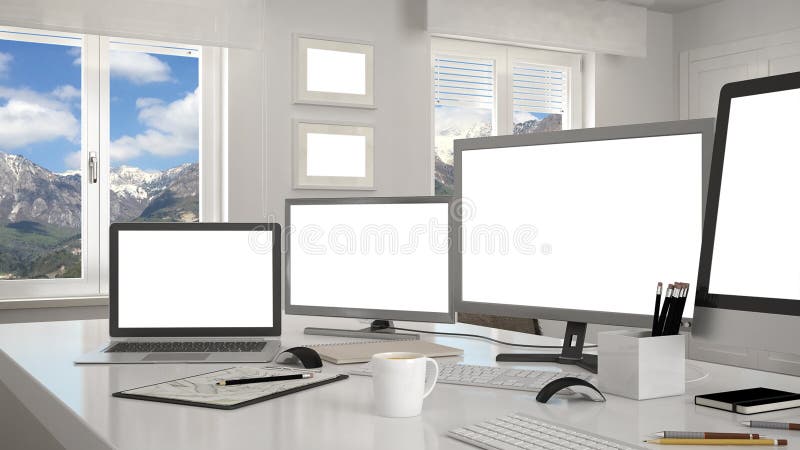 White Workplace with Computers on a Desk Stock Image - Image of desktop ...