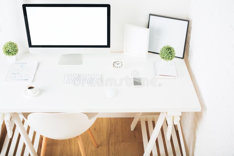 White Workplace with Empty Computer Stock Photo - Image of business ...