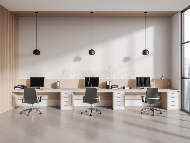 White Workplace Interior with Pc Computer in Row, Panoramic Window ...
