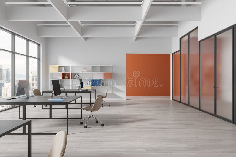 White Workplace Interior with Pc Computer in Row, Panoramic Window ...