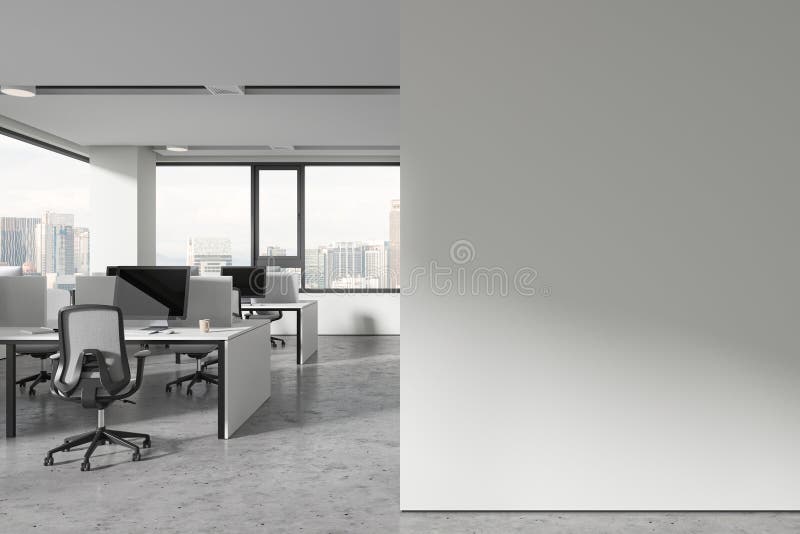 White Workplace Interior with Pc Computer in Row, Panoramic Window ...