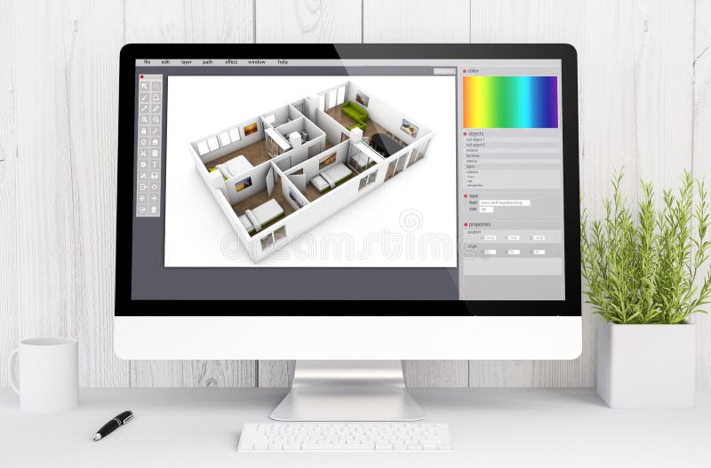 White Workspace with Computer Graphic Interior Design Stock ...