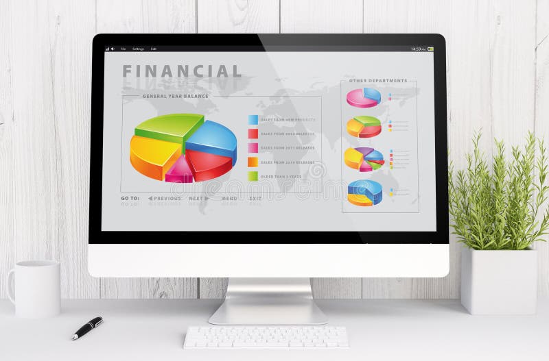 White Workspace with Graphics Finances on Screen Stock Illustration ...
