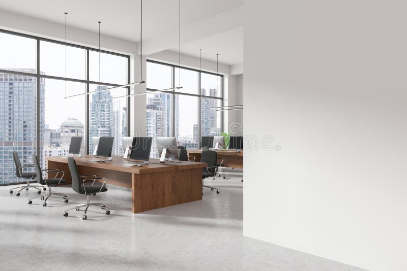 White Workspace Interior with Pc Computers on Desks, Window. Mockup ...