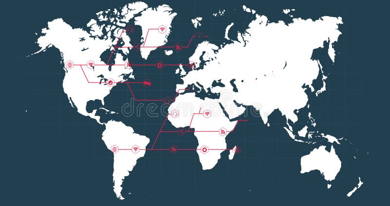 White World Map with Growing Red Network of Connected Icons on Dark ...