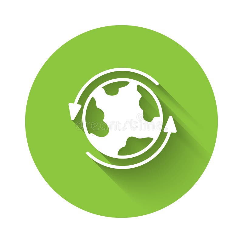 White Worldwide Icon Isolated with Long Shadow. Pin on Globe. Green ...