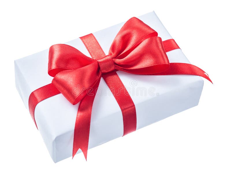 White Wrapped Present Box with Red Ribbon Isolated on White Stock Image ...