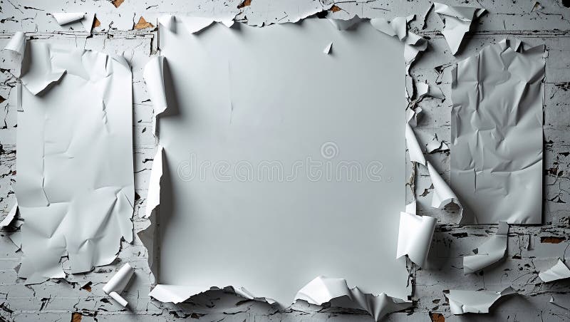 White Wrinkled Glued Posters on Gray Old Wall Creating Frame Stock ...