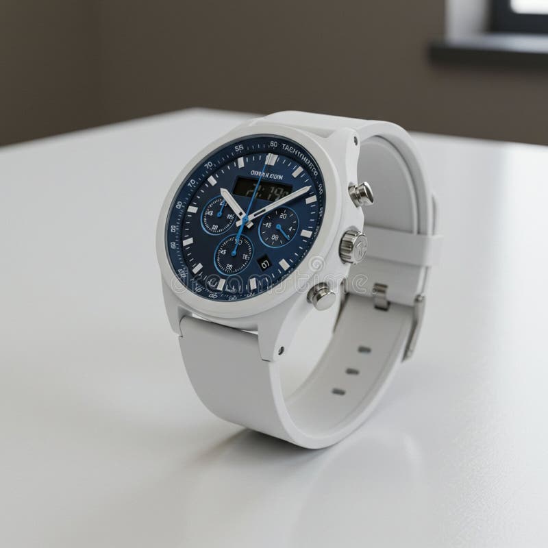 White Wristwatch with a Round Blue Dial Featuring Multiple Sub-dials ...