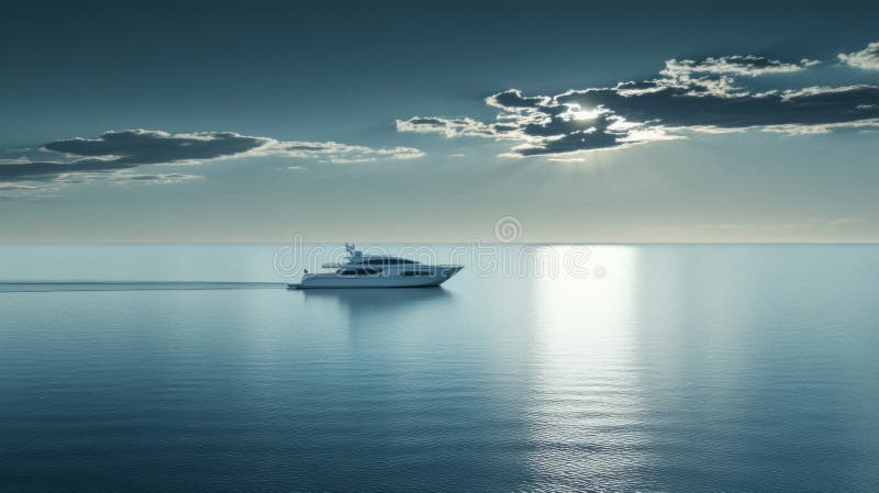White Yacht Sailing on Calm Ocean at Sunset Stock Illustration ...