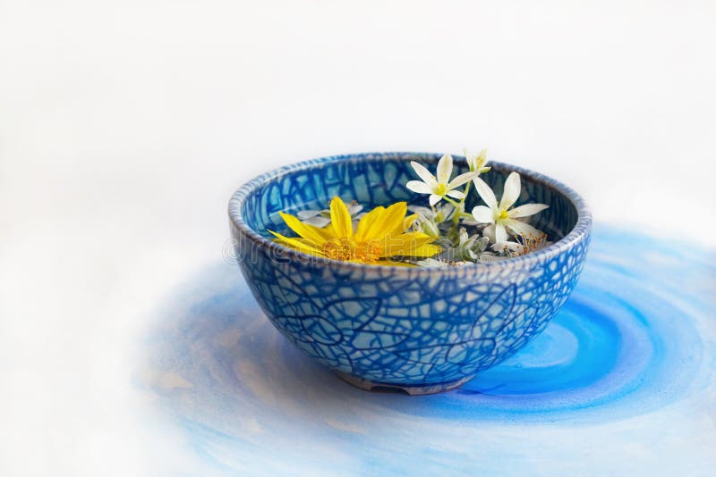 Flowers Floating in a Blue Cup Stock Photo - Image of water, pottery ...
