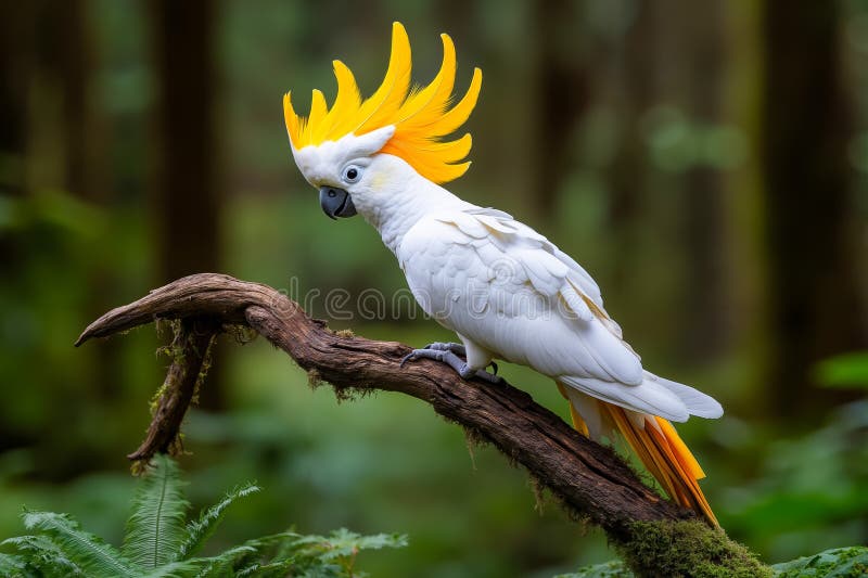 A White Parrot with a Yellow Mohawk Perched on a Branch Stock Photo ...