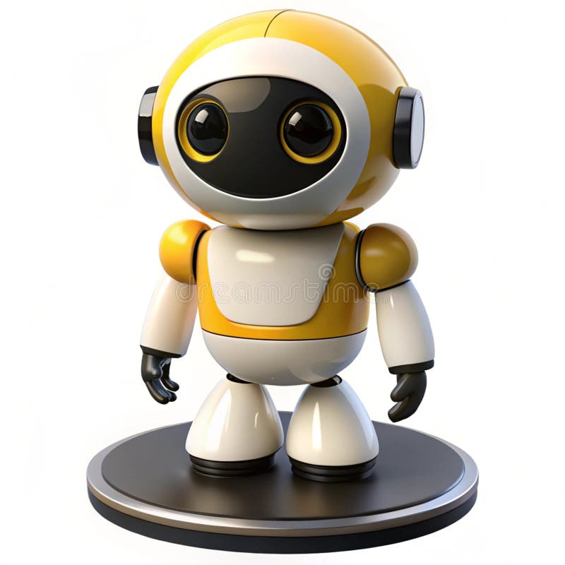 White and Yellow Robot with Rounded Head and Black Face Standing on a ...
