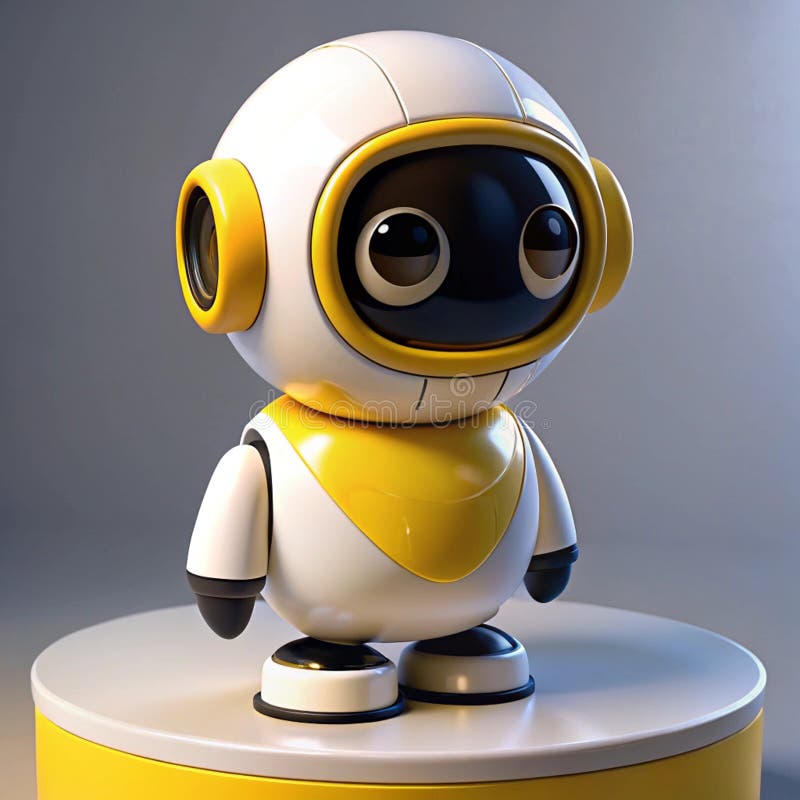 White and Yellow Robot with Rounded Head and Black Face Standing on a ...