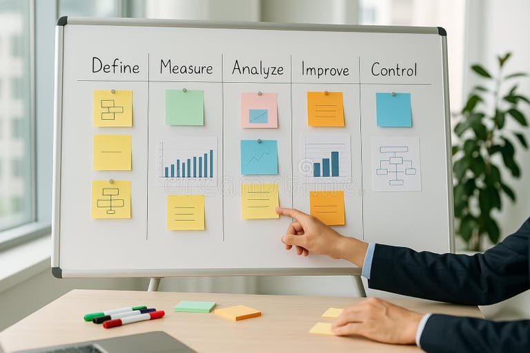 Whiteboard Chart with Color-coded Sticky Notes and Graphs Illustrating ...
