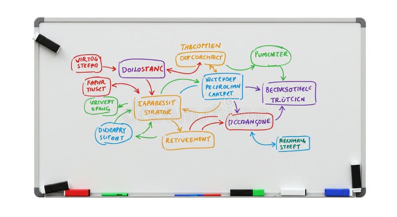 Whiteboard with a Colorful Flowchart Featuring Nonsensical Terms in ...