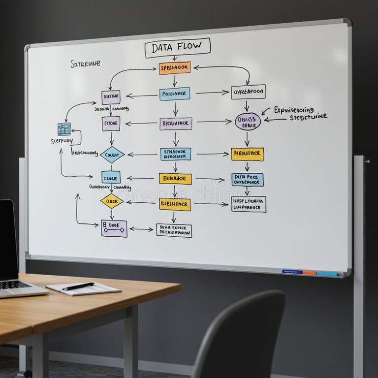 Whiteboard Displaying a Flowchart Titled "Data Flow" with Various ...