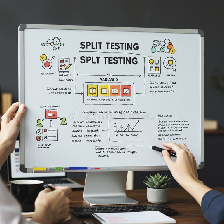 Whiteboard Displaying "SPLIT TESTING" with Diagrams and Notes. Two ...