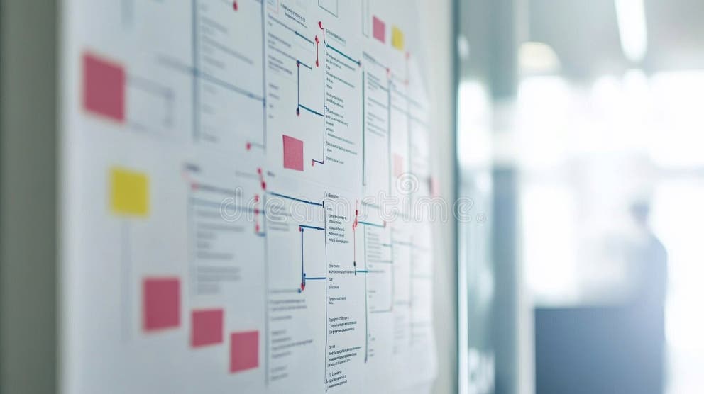 Whiteboard Displays Workflow Process with Sticky Notes Stock ...