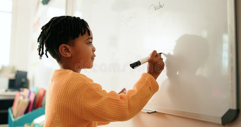 Whiteboard, Education and Child in Classroom for Learning Math, Problem ...
