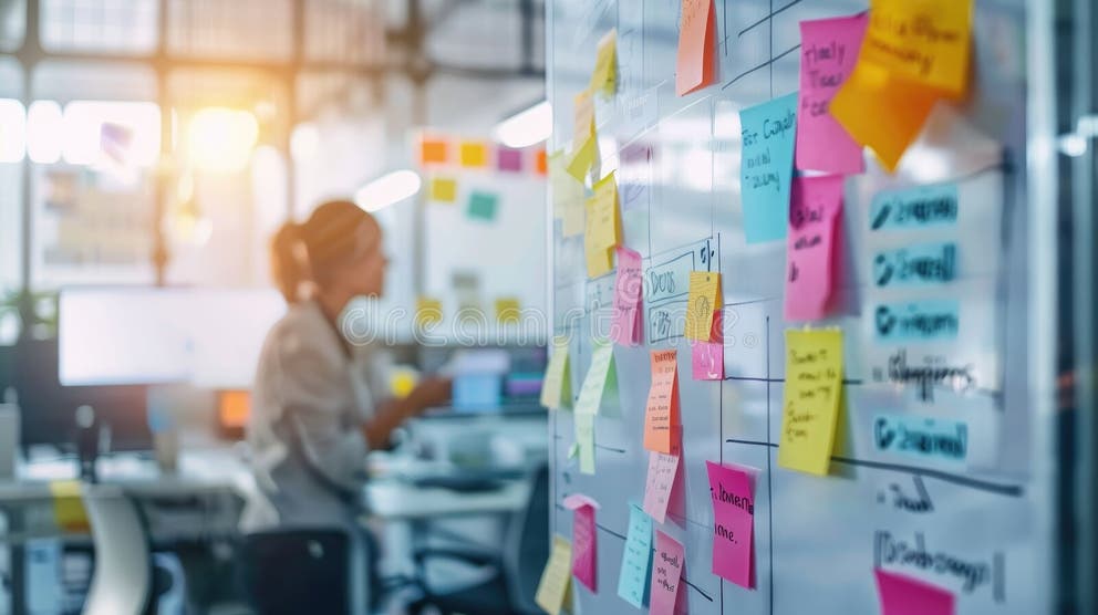 Whiteboard Full of Colorful Sticky Notes in Dynamic Work Environment ...