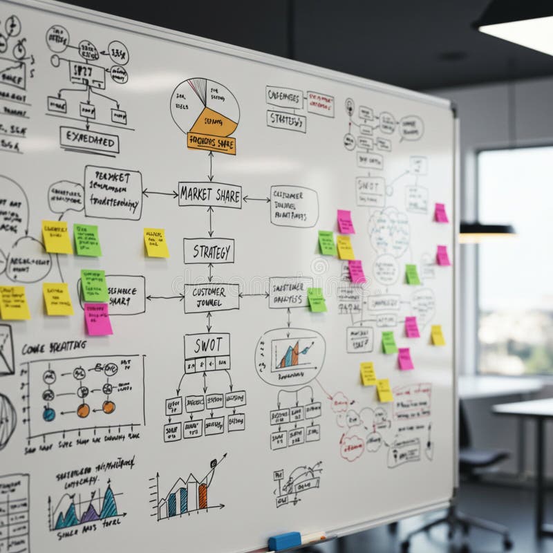 A Whiteboard in a Modern Office Setting is Filled with Business ...