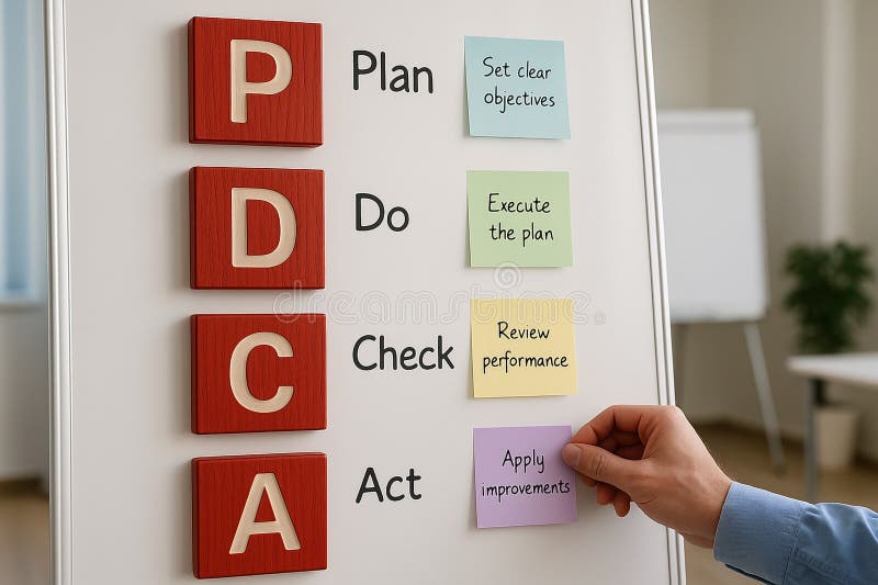Whiteboard Presentation of PDCA Steps with Colored Sticky Notes ...
