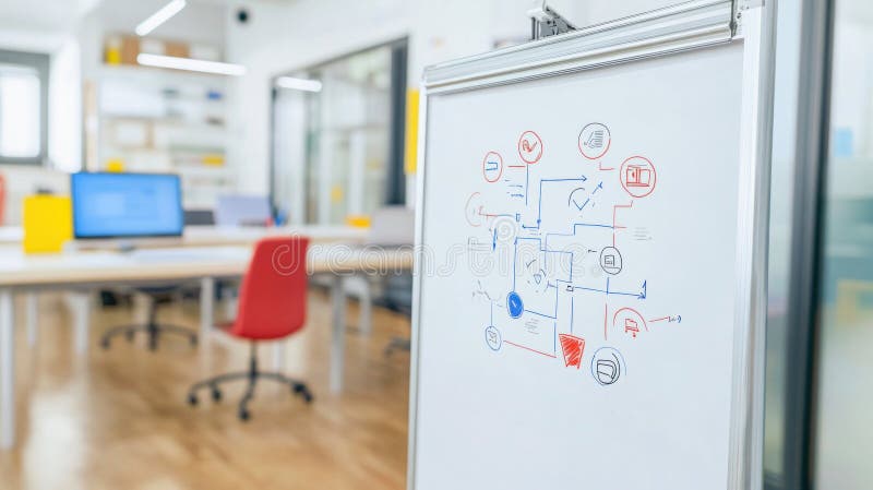 Whiteboard Showing Flowchart in Empty Startup Office Meeting Room Stock ...