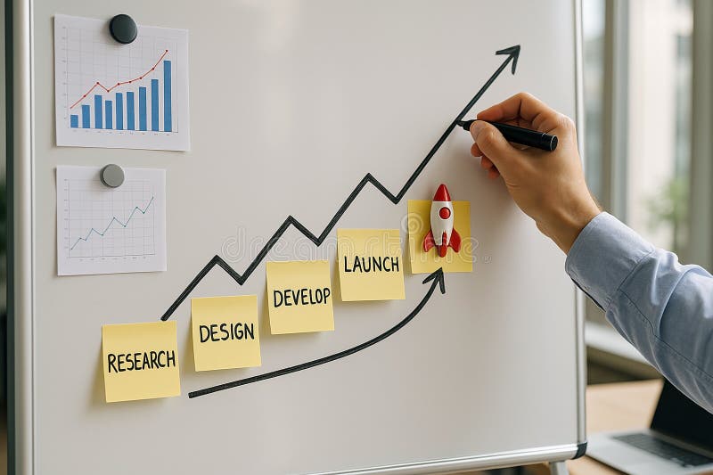 Whiteboard Startup Planning Process with Rocket Marker Symbolizing the ...