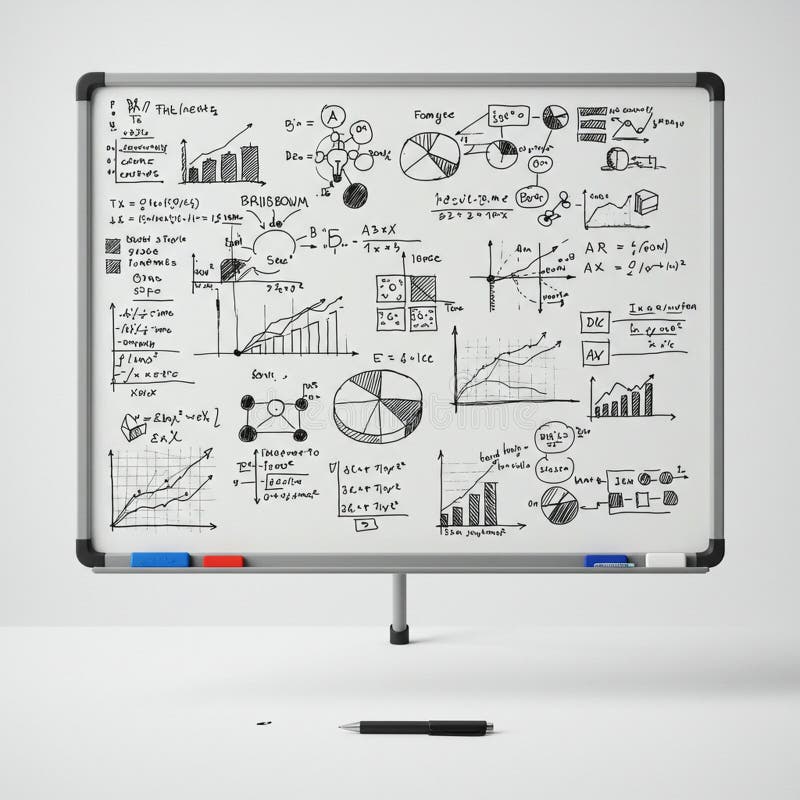 Whiteboard with Various Graphs, Charts, and Equations Drawn in Black ...