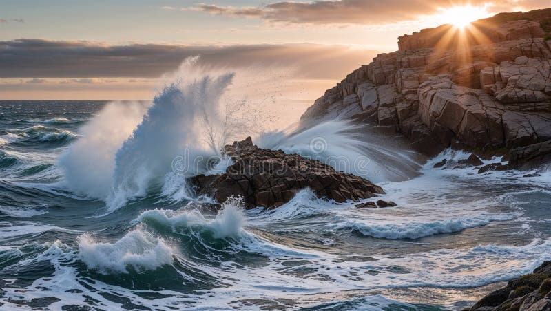 Whitecaps Breaking Around Rocky Point with Wind Whipping Spray into ...