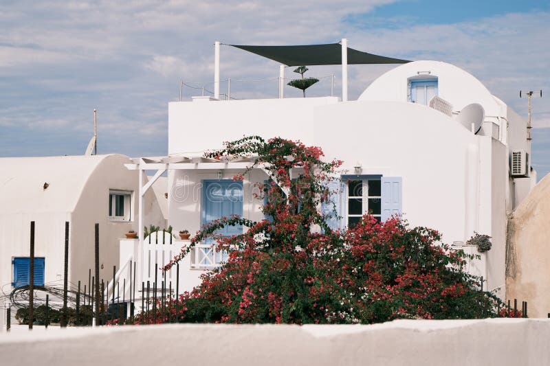Whitewashed Home and Flowers on Santorini Stock Photo - Image of views ...