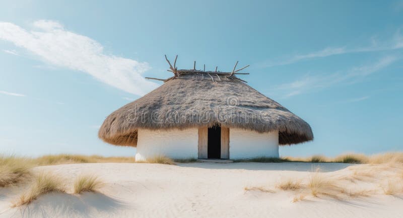Whitewashed Thatched Hut on Sandy Ground Under a Clear Blue Sky Stock ...