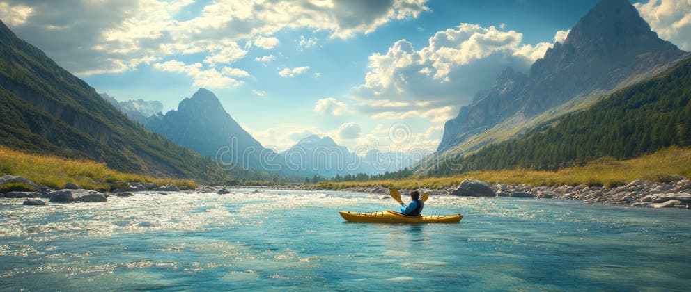 Whitewater Kayaking Down a Mountain River is an Extreme Adventure Stock ...