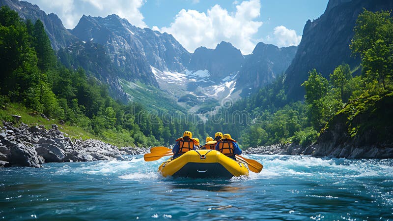 Whitewater Rafting Team Navigating a Rushing River through a Scenic ...