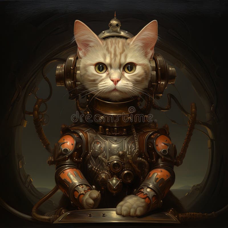A Whitish Cat in a Metal Steampunk Suit with Headphones Stock Image ...