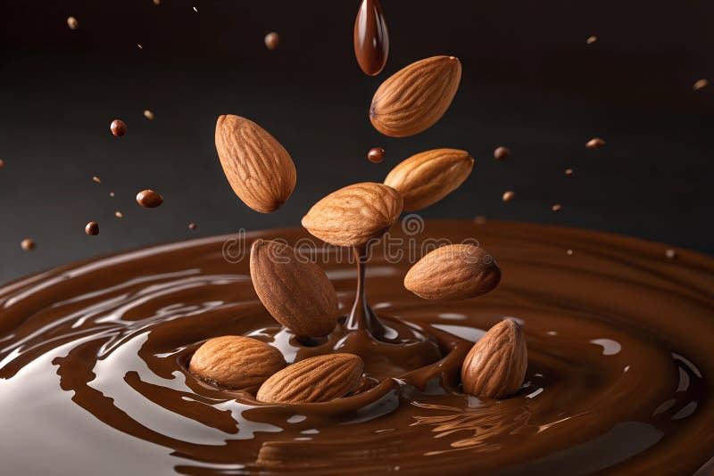 Whole Almonds Dropping into Rich Chocolate Pool Creating Splashes and ...