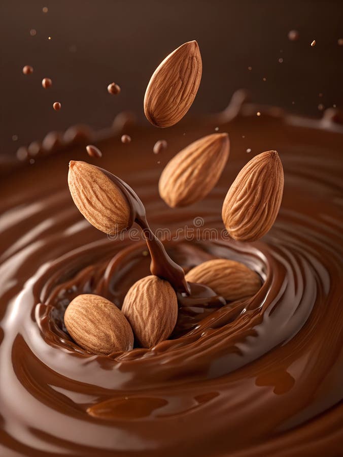 Whole Almonds Gracefully Falling into Luscious Dark Chocolate Pool ...