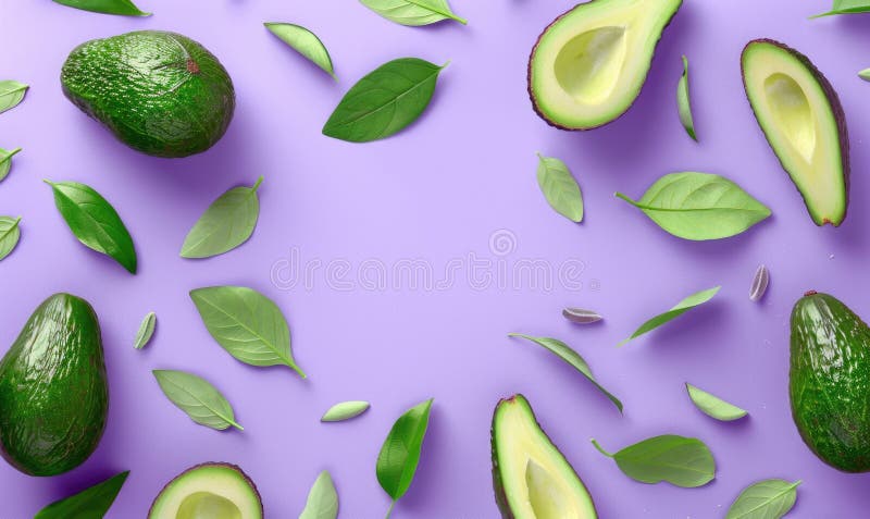 Whole Avocado and Slices with Leaves on a Pastel Purple Background ...
